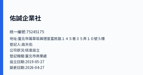 佑誠企業社的照片-統編 75245175(臺北市) 公司登記資料與營業項目詳細圖表