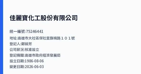 佳麗寶化工股份有限公司的照片-統編 75246441(高雄市) 公司登記資料與營業項目詳細圖表