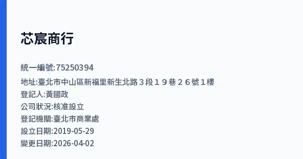 芯宸商行的照片-統編 75250394(臺北市) 公司登記資料與營業項目詳細圖表