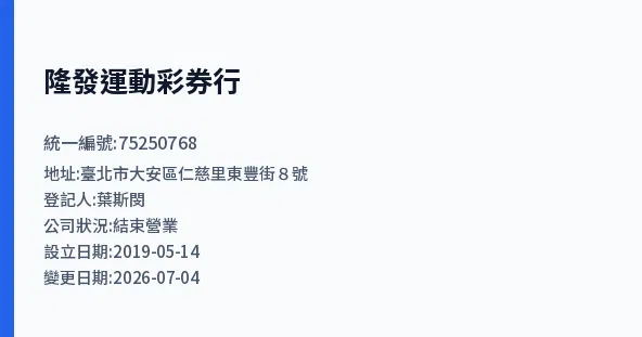 隆發運動彩券行的照片-統編 75250768(臺北市) 公司登記資料與營業項目詳細圖表