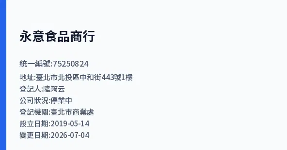 永意食品商行的照片-統編 75250824(臺北市) 公司登記資料與營業項目詳細圖表