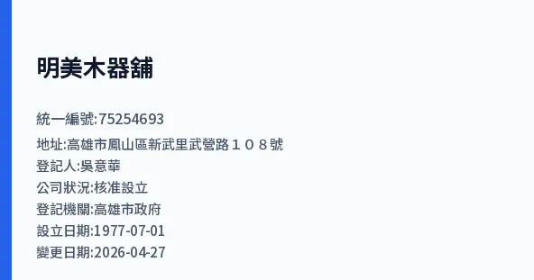 明美木器舖的照片-統編 75254693(高雄市) 公司登記資料與營業項目詳細圖表