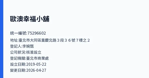 歐澳幸福小舖的照片-統編 75296602(臺北市) 公司登記資料與營業項目詳細圖表