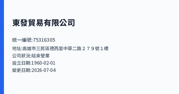 東發貿易有限公司的照片-統編 75316305(高雄市) 公司登記資料與營業項目詳細圖表