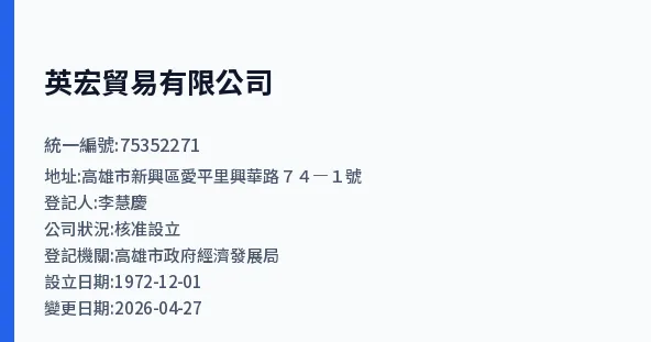 英宏貿易有限公司的照片-統編 75352271(高雄市) 公司登記資料與營業項目詳細圖表