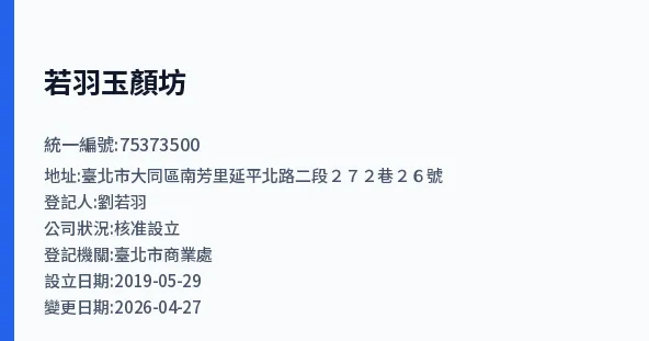 若羽玉顏坊的照片-統編 75373500(臺北市) 公司登記資料與營業項目詳細圖表