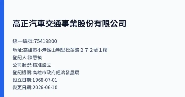 高正汽車交通事業股份有限公司的照片-統編 75419800(高雄市) 公司登記資料與營業項目詳細圖表