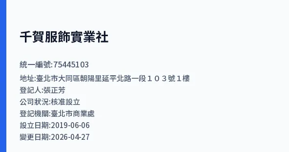 千賀服飾實業社的照片-統編 75445103(臺北市) 公司登記資料與營業項目詳細圖表