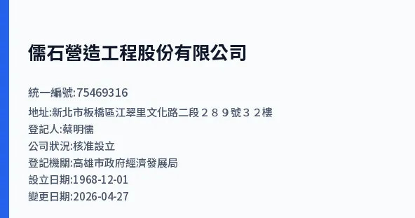 儒石營造工程股份有限公司的照片-統編 75469316(新北市) 公司登記資料與營業項目詳細圖表