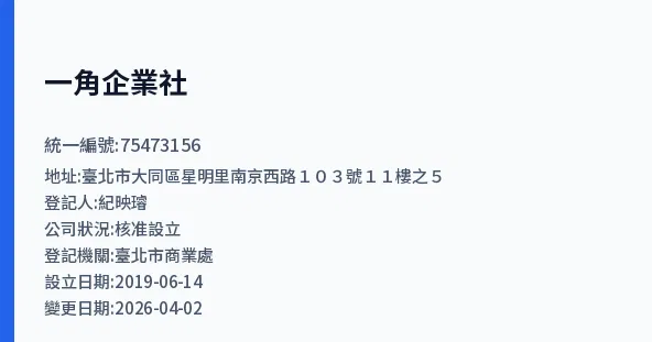 一角企業社的照片-統編 75473156(臺北市) 公司登記資料與營業項目詳細圖表