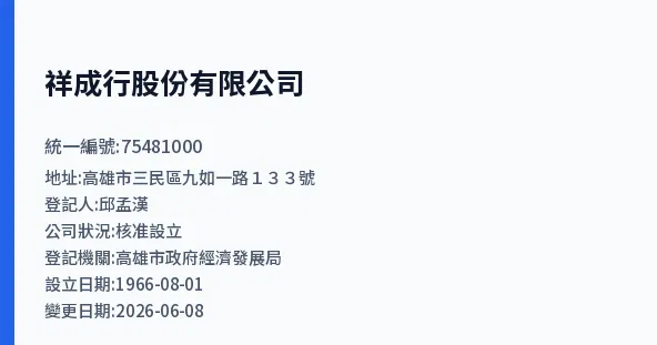 祥成行股份有限公司的照片-統編 75481000(高雄市) 公司登記資料與營業項目詳細圖表