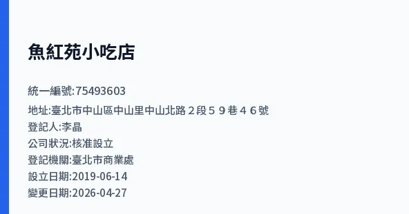 魚紅苑小吃店的照片-統編 75493603(臺北市) 公司登記資料與營業項目詳細圖表