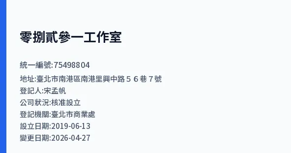 零捌貳參一工作室的照片-統編 75498804(臺北市) 公司登記資料與營業項目詳細圖表