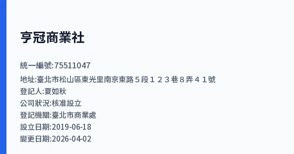 亨冠商業社的照片-統編 75511047(臺北市) 公司登記資料與營業項目詳細圖表