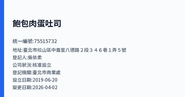 飽包肉蛋吐司的照片-統編 75515732(臺北市) 公司登記資料與營業項目詳細圖表