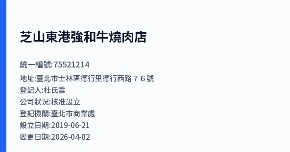 芝山東港強和牛燒肉店的照片-統編 75521214(臺北市) 公司登記資料與營業項目詳細圖表