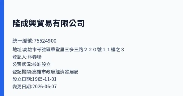 隆成興貿易有限公司的照片-統編 75524900(高雄市) 公司登記資料與營業項目詳細圖表