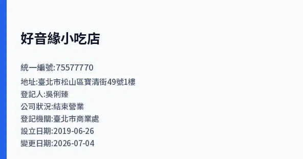 好音緣小吃店的照片-統編 75577770(臺北市) 公司登記資料與營業項目詳細圖表