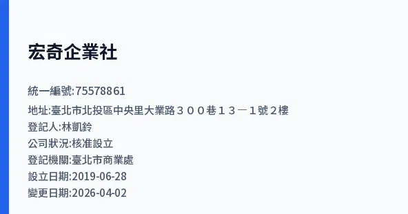 宏奇企業社的照片-統編 75578861(臺北市) 公司登記資料與營業項目詳細圖表