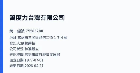 萬度力台灣有限公司的照片-統編 75583288(高雄市) 公司登記資料與營業項目詳細圖表