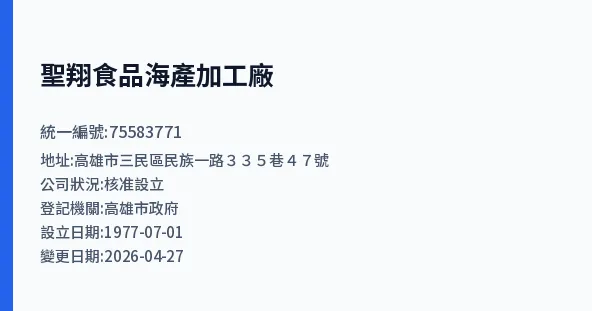 聖翔食品海產加工廠的照片-統編 75583771(高雄市) 公司登記資料與營業項目詳細圖表