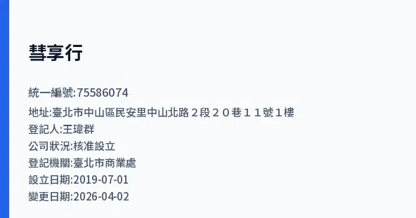 彗享行的照片-統編 75586074(臺北市) 公司登記資料與營業項目詳細圖表