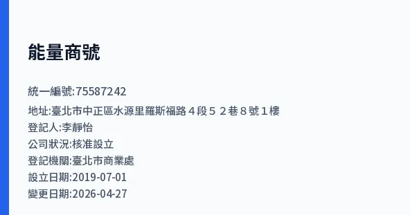 能量商號的照片-統編 75587242(臺北市) 公司登記資料與營業項目詳細圖表