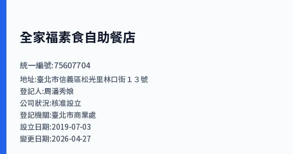 全家福素食自助餐店的照片-統編 75607704(臺北市) 公司登記資料與營業項目詳細圖表