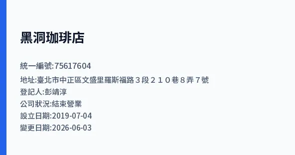 黑洞珈琲店的照片-統編 75617604(臺北市) 公司登記資料與營業項目詳細圖表