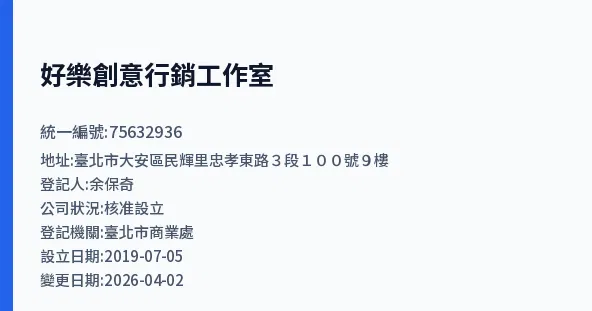 好樂創意行銷工作室的照片-統編 75632936(臺北市) 公司登記資料與營業項目詳細圖表