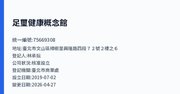 足璽健康概念館的照片-統編 75669308(臺北市) 公司登記資料與營業項目詳細圖表
