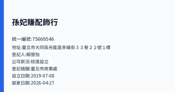 孫妃賺配飾行的照片-統編 75669546(臺北市) 公司登記資料與營業項目詳細圖表