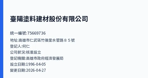 臺陽塗料建材股份有限公司的照片-統編 75669736(高雄市) 公司登記資料與營業項目詳細圖表
