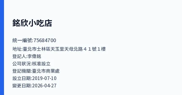 銘欣小吃店的照片-統編 75684700(臺北市) 公司登記資料與營業項目詳細圖表