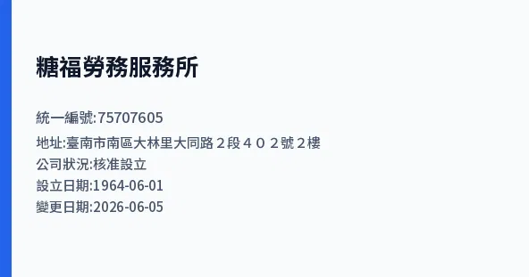 糖福勞務服務所的照片-統編 75707605(臺南市) 公司登記資料與營業項目詳細圖表