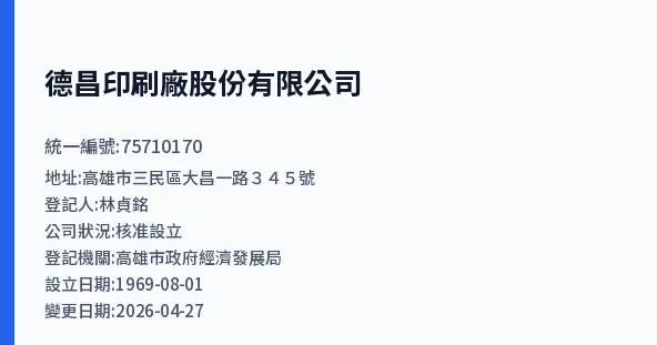 德昌印刷廠股份有限公司的照片-統編 75710170(高雄市) 公司登記資料與營業項目詳細圖表