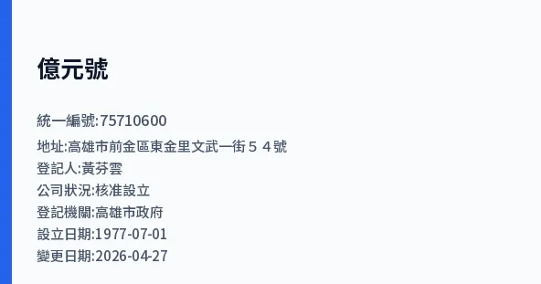億元號的照片-統編 75710600(高雄市) 公司登記資料與營業項目詳細圖表