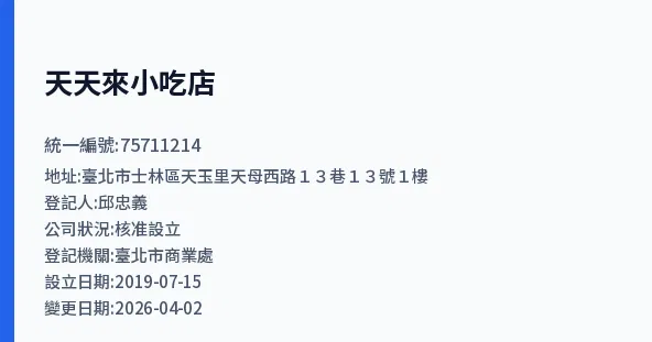 天天來小吃店的照片-統編 75711214(臺北市) 公司登記資料與營業項目詳細圖表