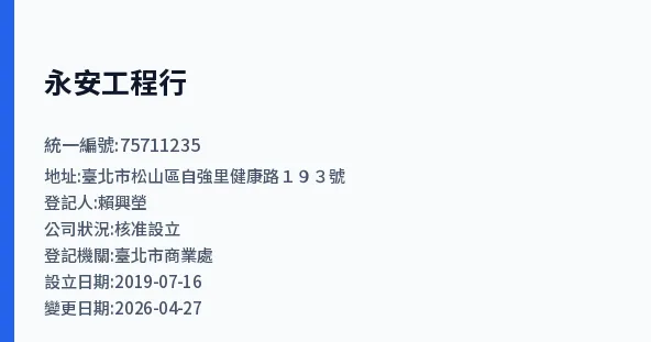 永安工程行的照片-統編 75711235(臺北市) 公司登記資料與營業項目詳細圖表