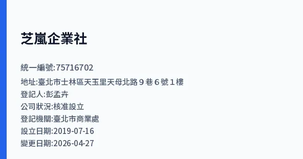 芝嵐企業社的照片-統編 75716702(臺北市) 公司登記資料與營業項目詳細圖表
