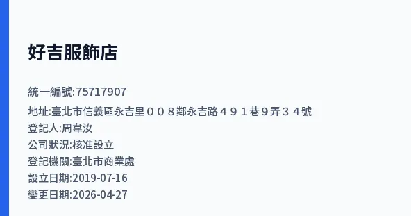 好吉服飾店的照片-統編 75717907(臺北市) 公司登記資料與營業項目詳細圖表