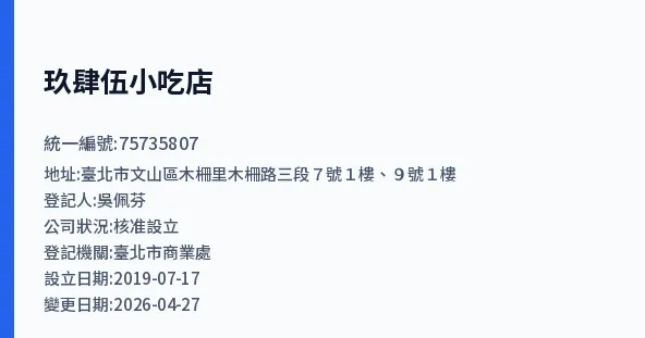 玖肆伍小吃店的照片-統編 75735807(臺北市) 公司登記資料與營業項目詳細圖表