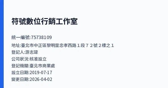 符號數位行銷工作室的照片-統編 75738109(臺北市) 公司登記資料與營業項目詳細圖表