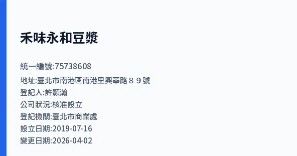 禾味永和豆漿的照片-統編 75738608(臺北市) 公司登記資料與營業項目詳細圖表