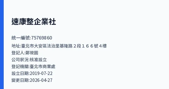 速康整企業社的照片-統編 75769860(臺北市) 公司登記資料與營業項目詳細圖表