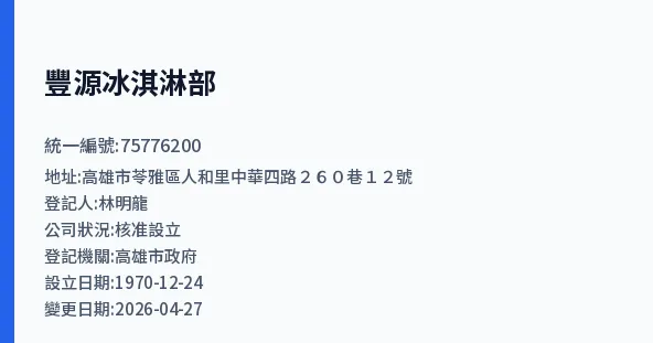 豐源冰淇淋部的照片-統編 75776200(高雄市) 公司登記資料與營業項目詳細圖表