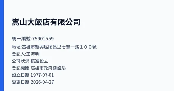 嵩山大飯店有限公司的照片-統編 75901559(高雄市) 公司登記資料與營業項目詳細圖表