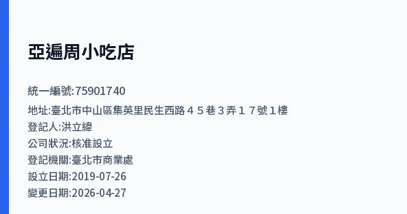 亞遍周小吃店的照片-統編 75901740(臺北市) 公司登記資料與營業項目詳細圖表