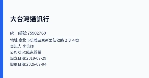 大台灣通訊行的照片-統編 75902760(臺北市) 公司登記資料與營業項目詳細圖表