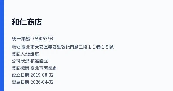 和仁商店的照片-統編 75905393(臺北市) 公司登記資料與營業項目詳細圖表